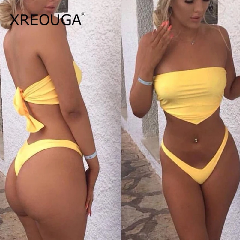 Xreouga Women Solid Yellow Bandeau Monokini Sexy Triangle Shaped