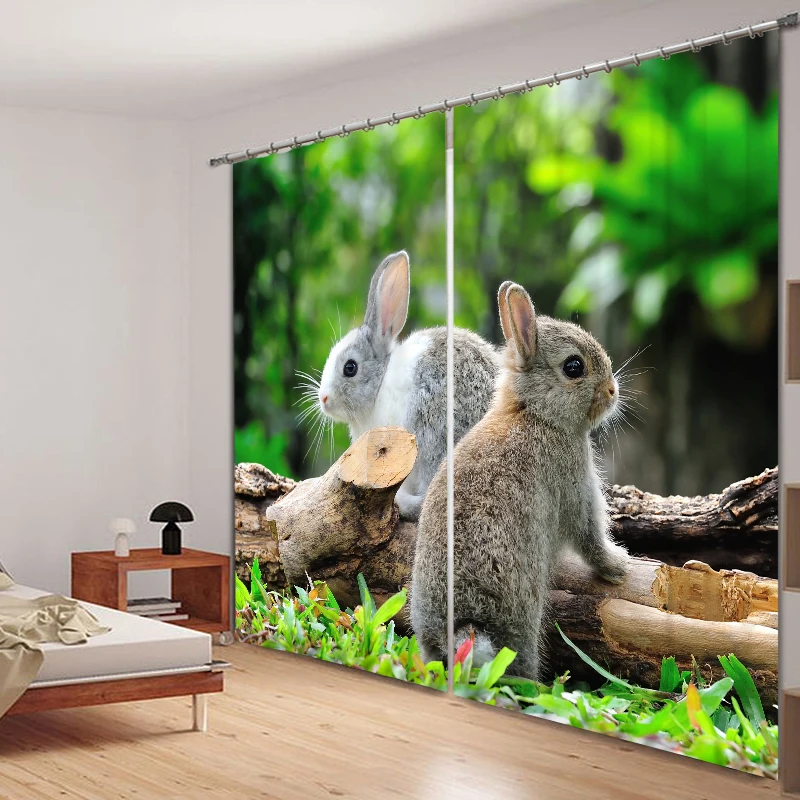 Two gray rabbits Animal Curtains 3D Photo Printing Blackout For Window ...