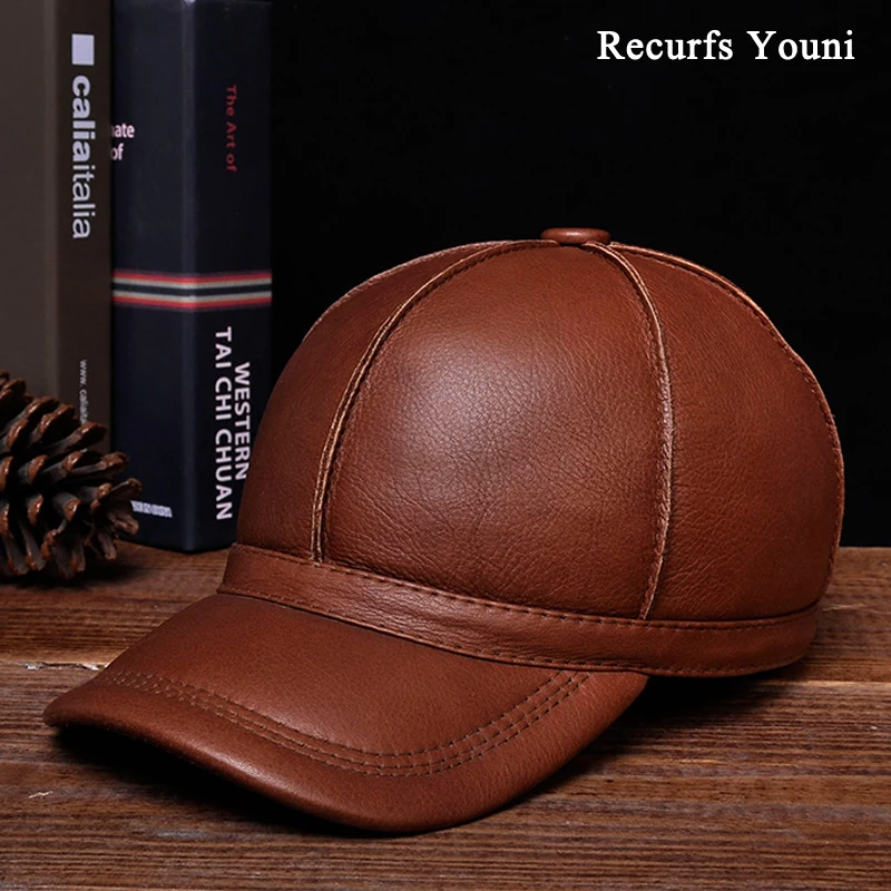 RY124 Winter Fashion Men Warm Genuine Leather Dome Striped Baseball ...