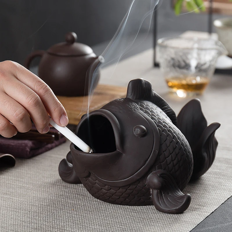 Fun retro goldfish shape purple sand ashtray Creative fish model ...