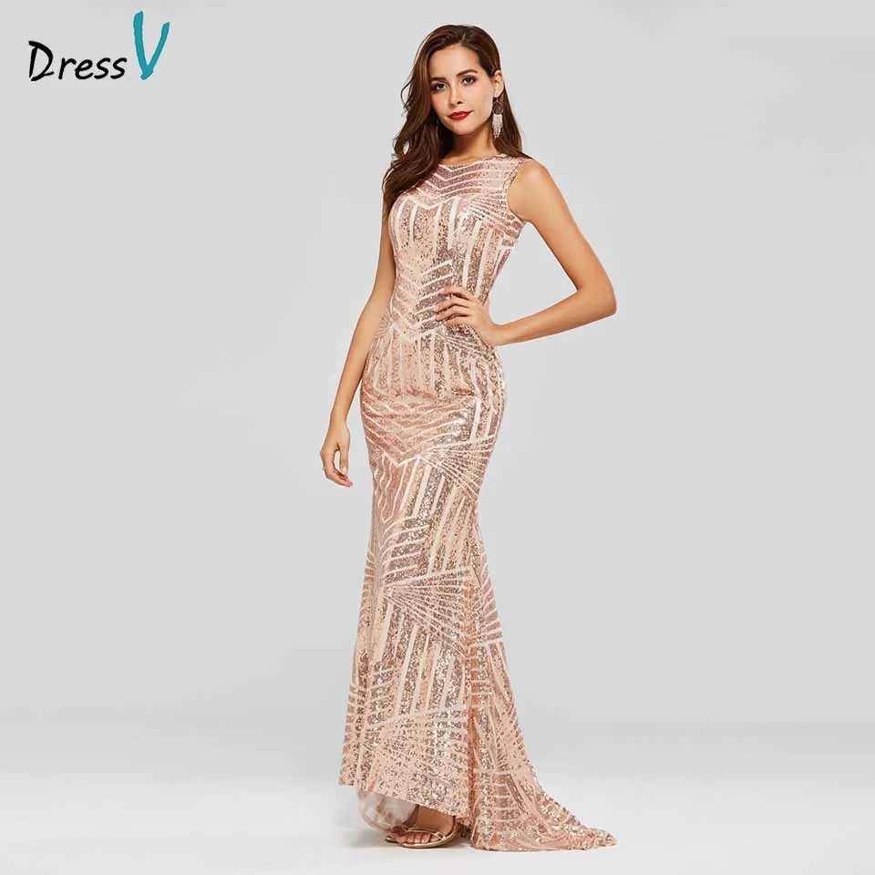 Dressv Evening Dress Scoop Neck Sleeveless Sequins Mermaid Sweep Train