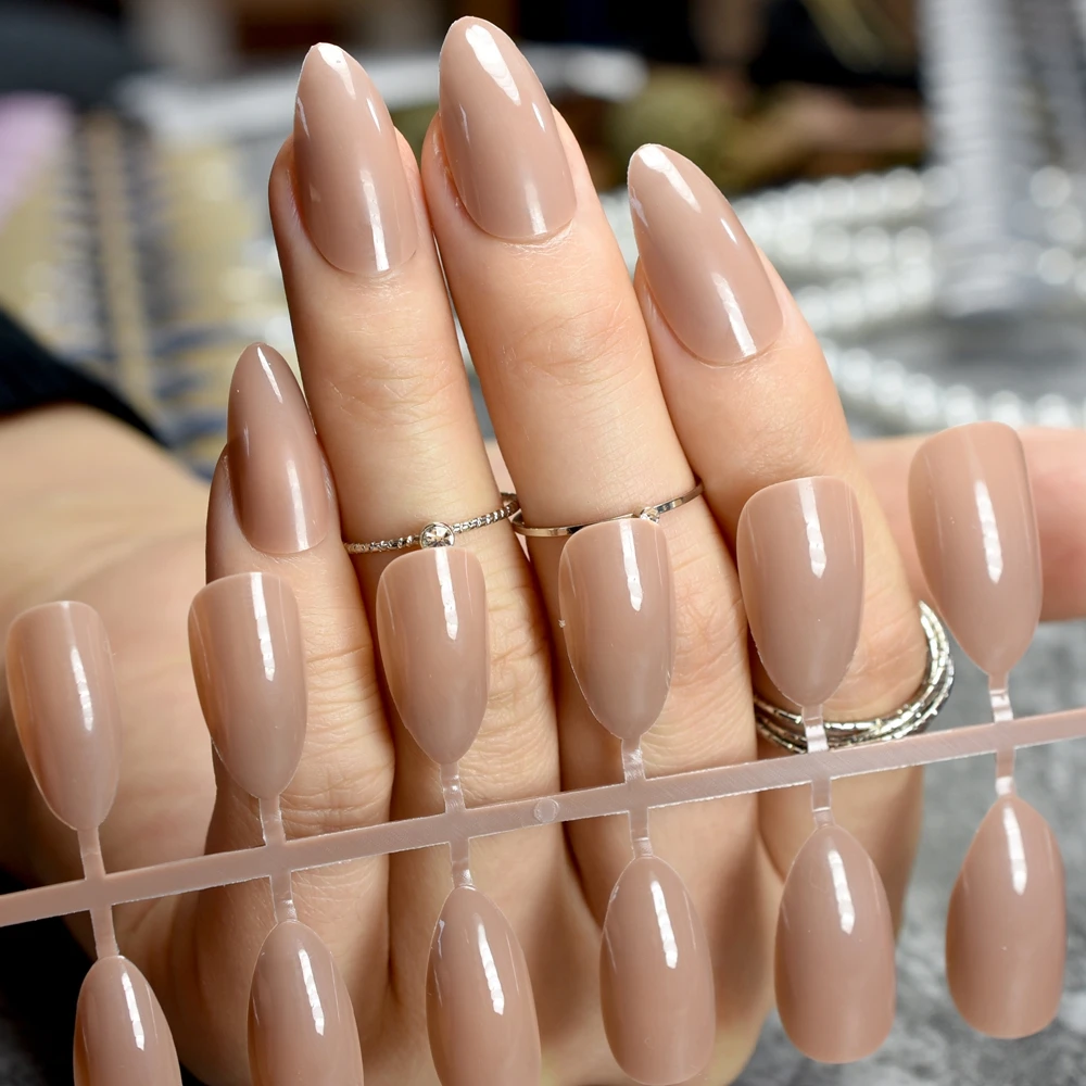 Oval Sharp End Stiletto False Nails Coffee Brown Color Faux Ongles