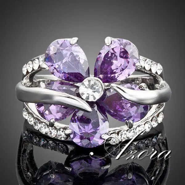 AZORA кольцо из белого золота Stellux с австрийским кристаллом фиолетовым цветком и кубическим ...