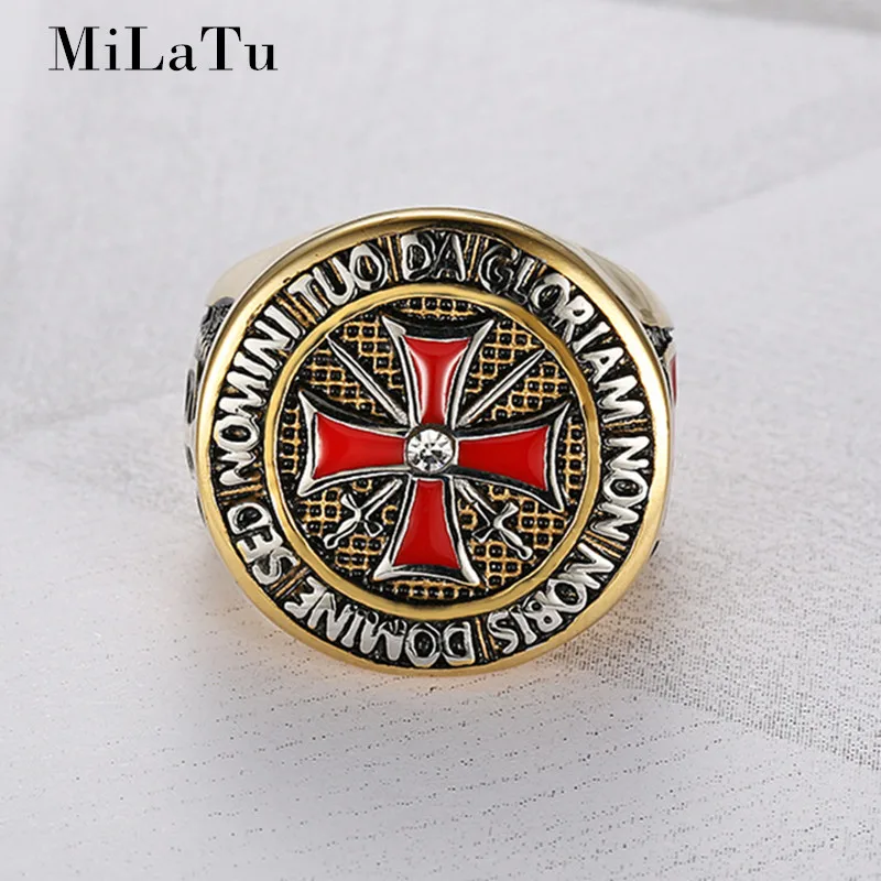 MiLaTu Retro Iron Knights Templar Ring Stainless Steel Men Red Enamel ...