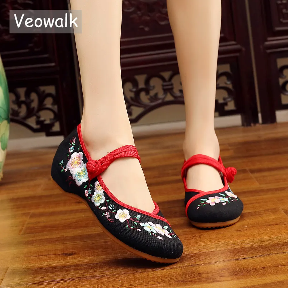 Veowalk Instep Strap Women Flowers Embroidered Canvas Ballet Flats ...