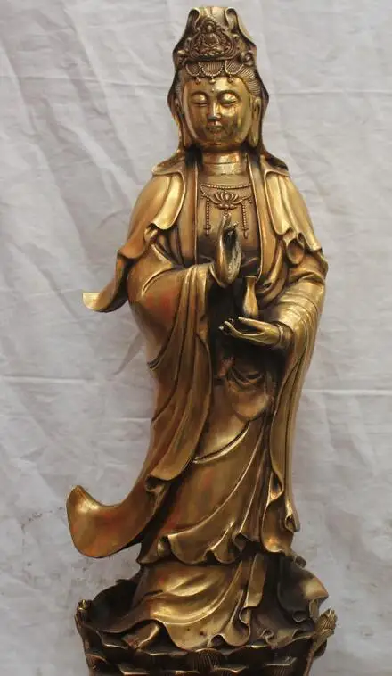25" Chinese Buddhism Brass Stand Lotus Vase Kwan yin Guan Yin Goddess ...
