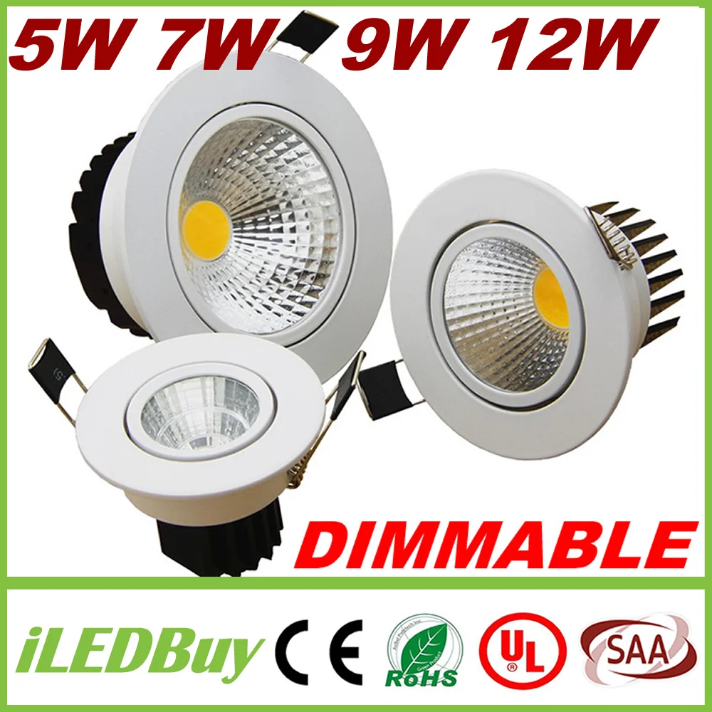 5W 7W 9W 12W COB Led Dimmable Recessed Downlights Ceiling Light White ...