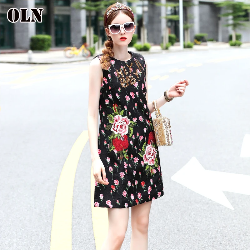 OLN 2018 패션 새로운 여름 가을 여성 블랙 패션 단어 드레스 민소매 유럽 드레스 자수 패션 드레스 A02|dress ...