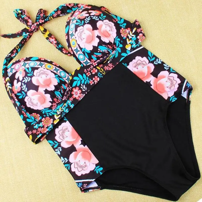 Bikini 2017 Women Print Floral Hight Waist Bikini Two Piece Striped