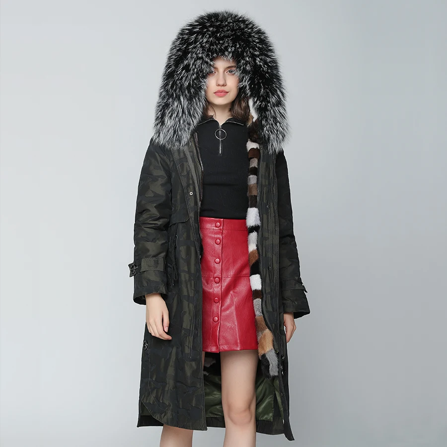 Oftbuy 2019 Real Fur Coat Winter Jacket Women X Long Camouflage Parka