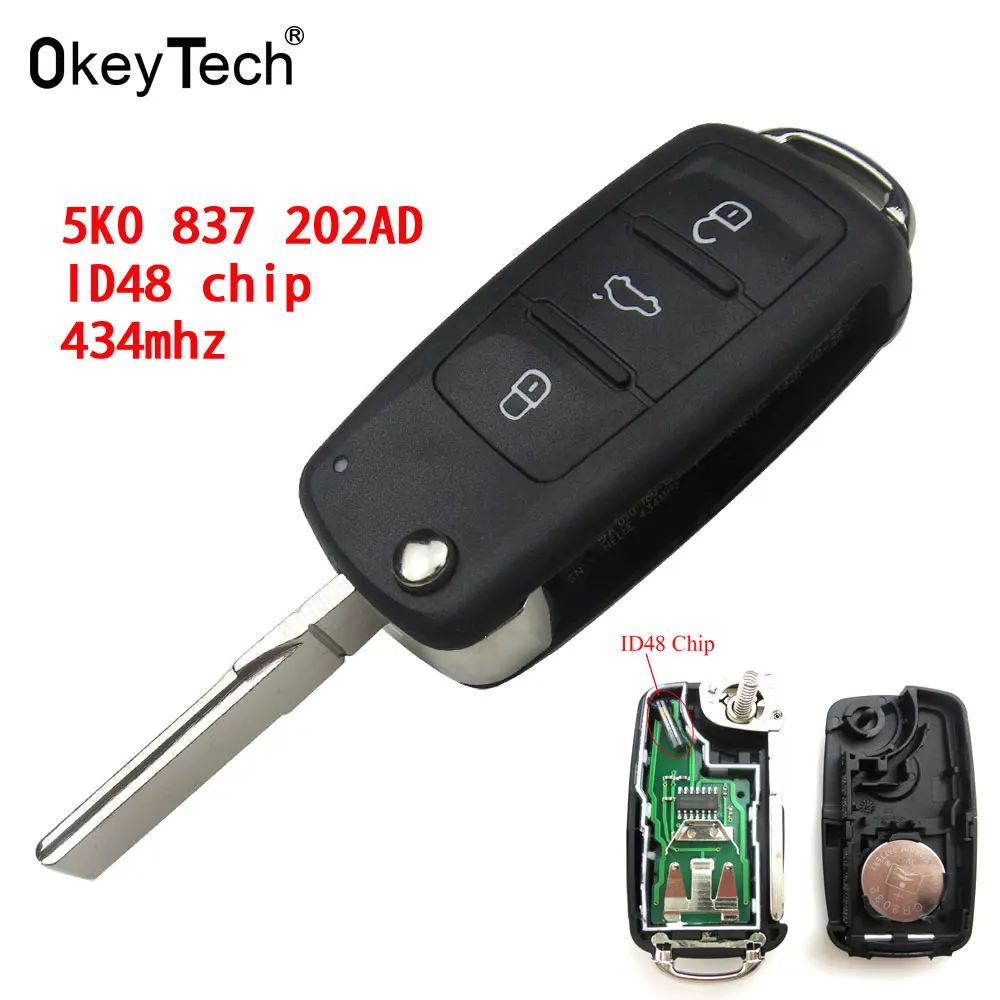 OkeyTech Remote key 434MHz ID48 Chip for VW Volkswagen GOLF PASSAT ...