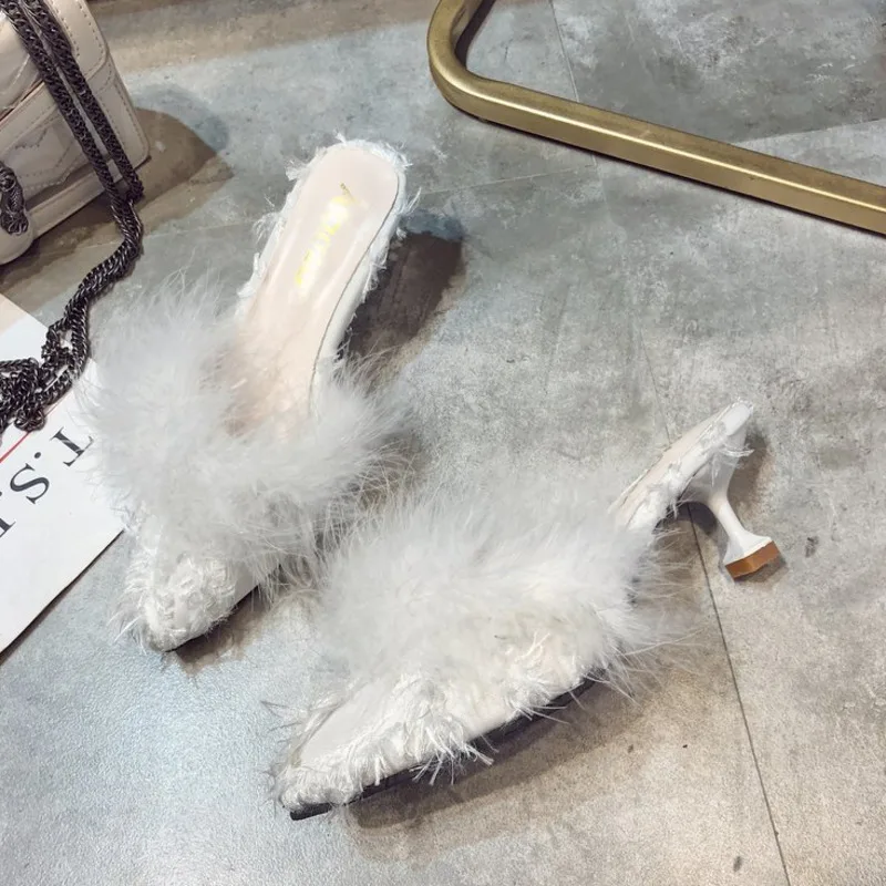 Обувь без задника; женские меховые шлепанцы на высоком каблуке ...