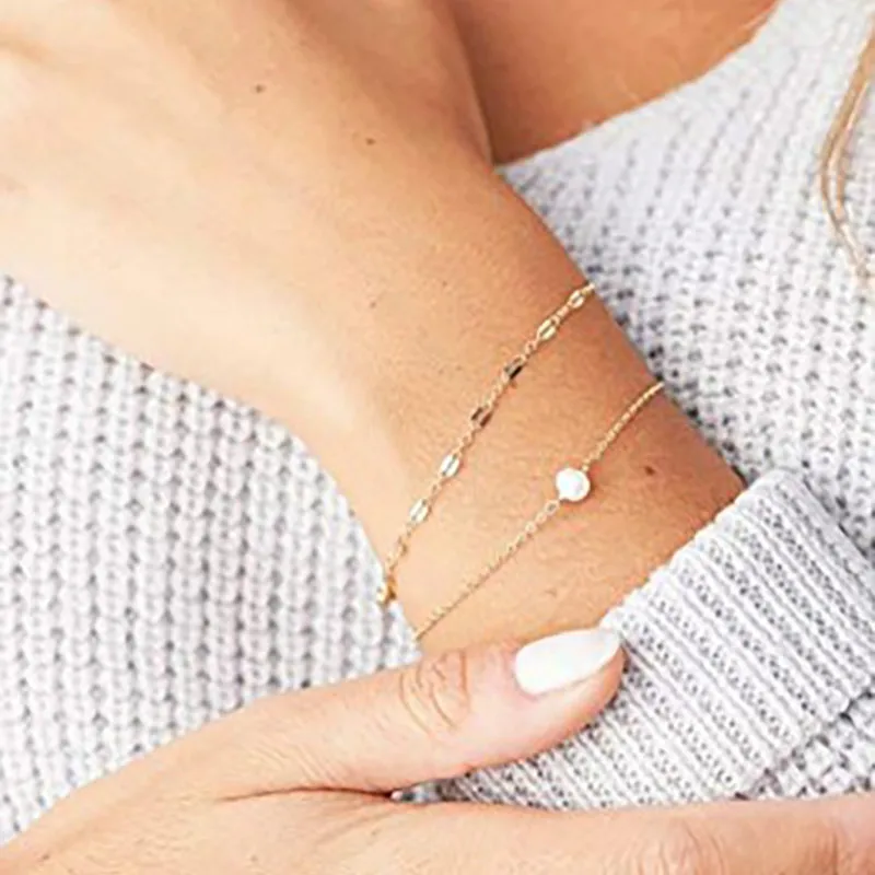2pcs/set Dainty Pearl Manual Curved Needle Chain Bracelet, Tiny ...