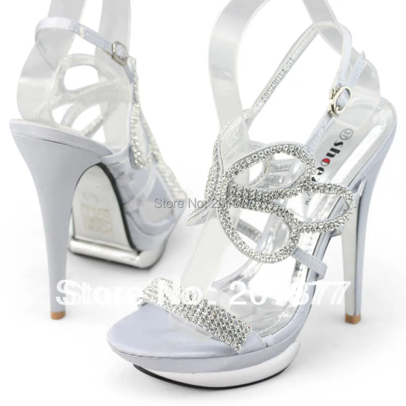 SHOEZY Womens Silver Satin Strappy Rhinestone Platform Pumps Wedding ...