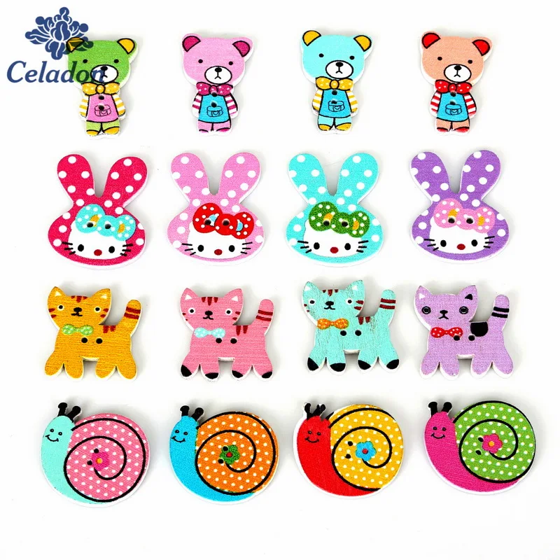 Pattern Cartoon Animals Wooden Buttons For Kids Random Mixed 2 Holes ...