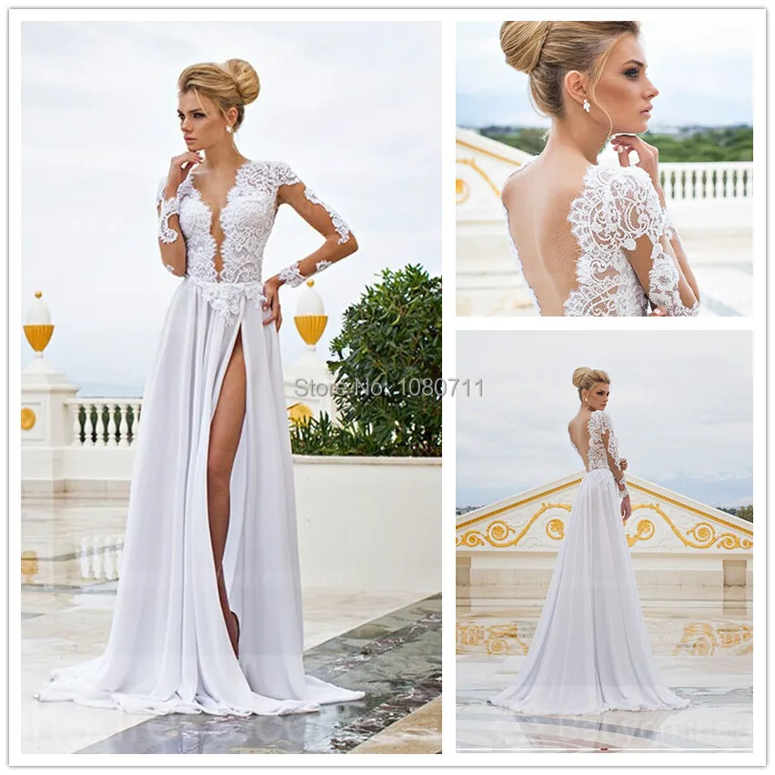 Sexy Deep V Neck A Line Long Sleeve Wedding Dresses 2015 Sexy Open Back
