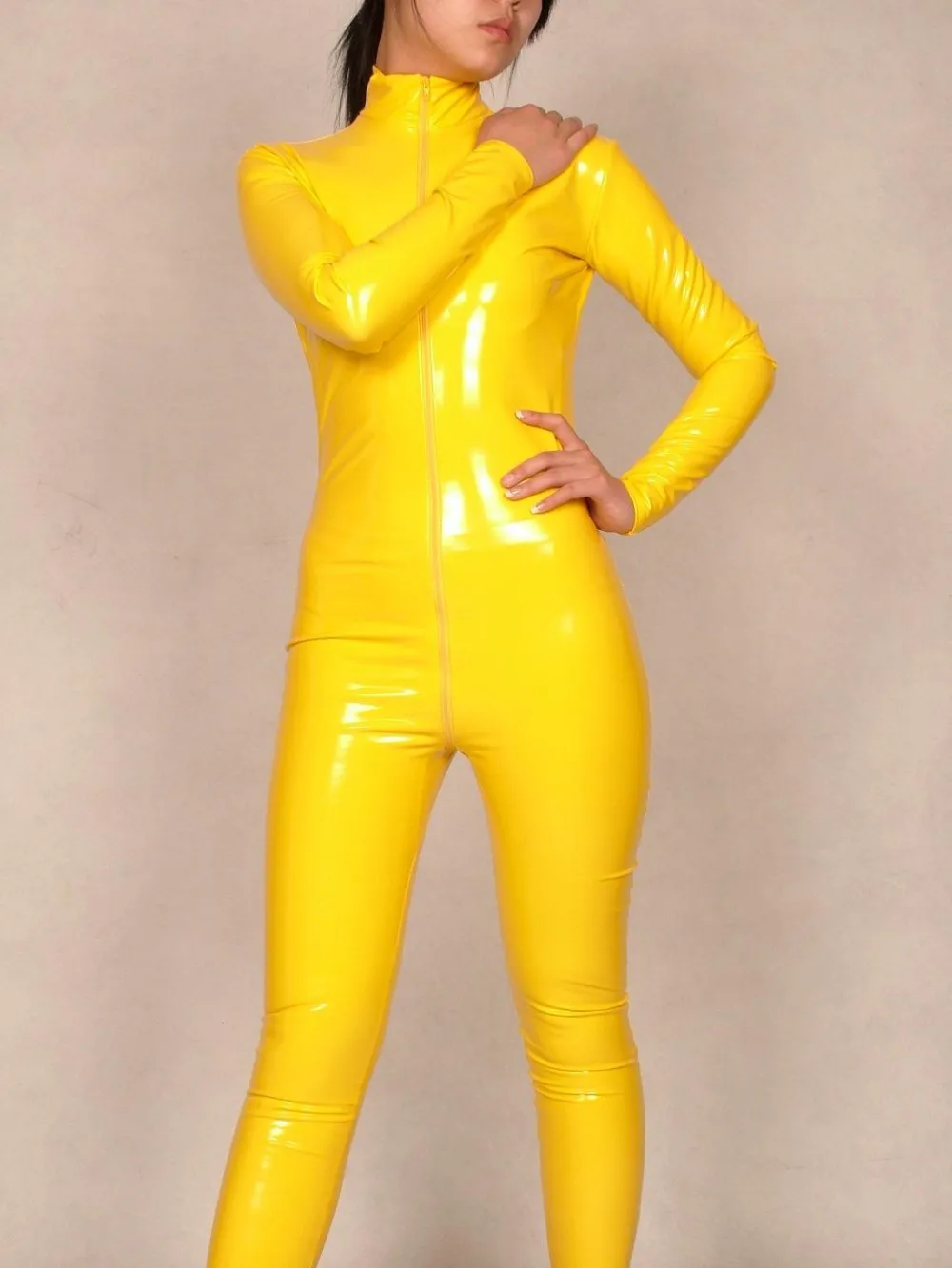 Yellow Pvc Patent Leather Bright Surface Front Zip File Open Elastic Tights Full Body Glue