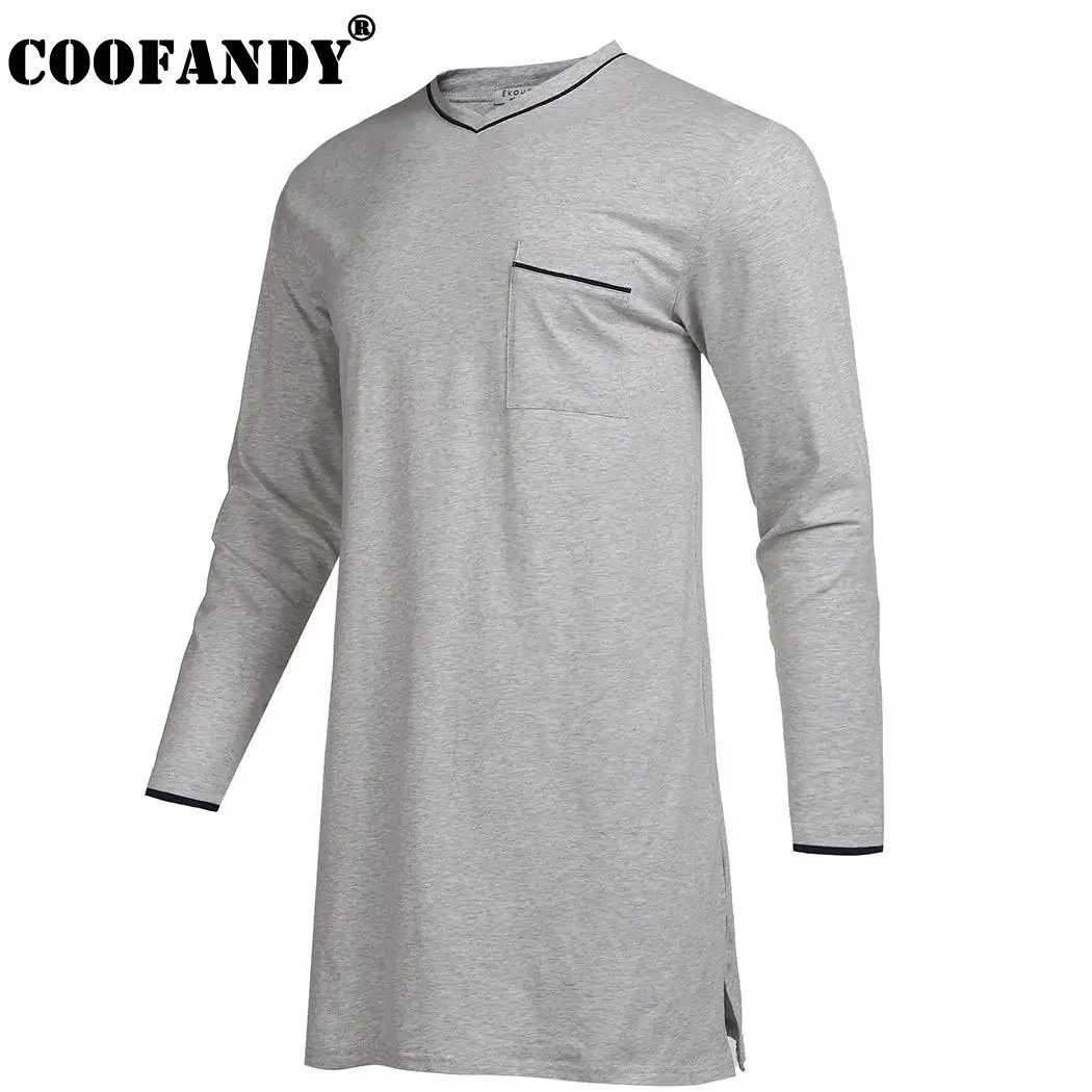 Sleepshirt V Neck Long Sleeve Split Pocket Loose Fit Men Sleepwear ...
