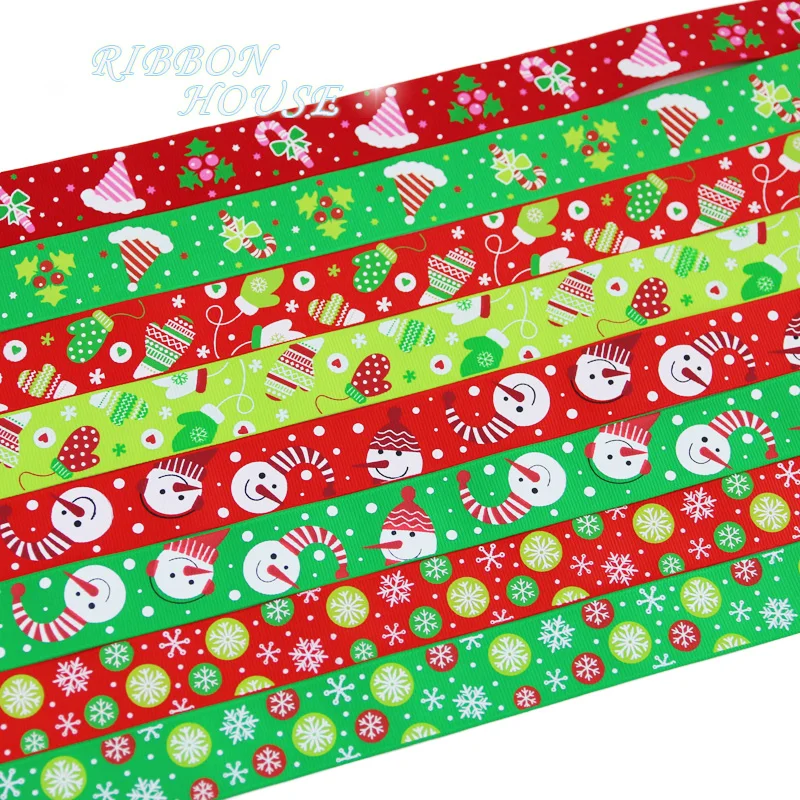 (8 ribbons mixed) 1" (25mm) Red and Green Top Quality Grosgrain Printed ...