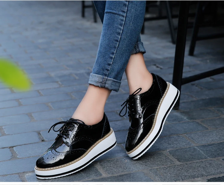 Women Platform Oxfords Brogue Flats Shoes Leather Lace Up Pointed Toe ...