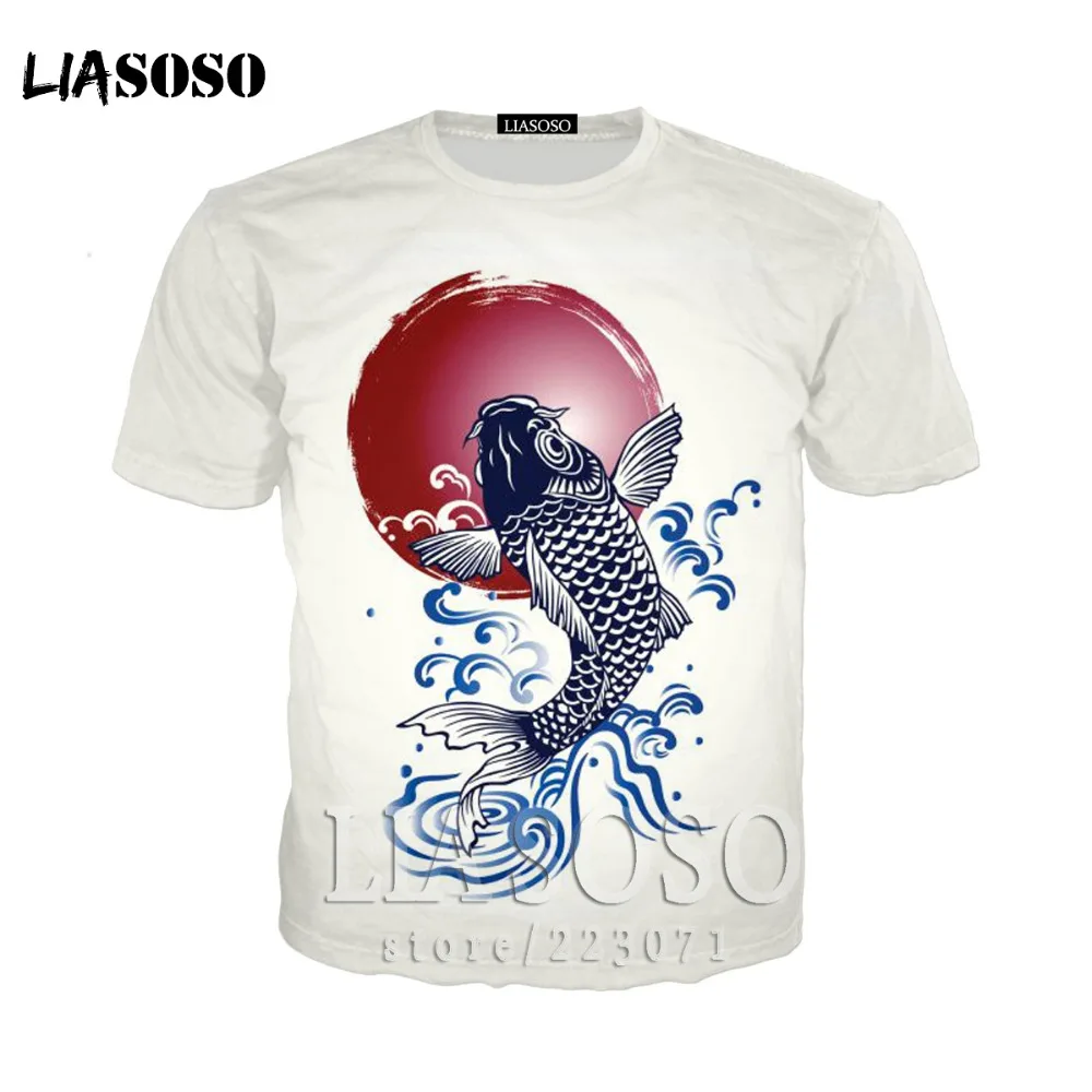 LIASOSO Japanese Ukiyoe Style Men T Shirt Wave Carp Fish 3d Print T ...