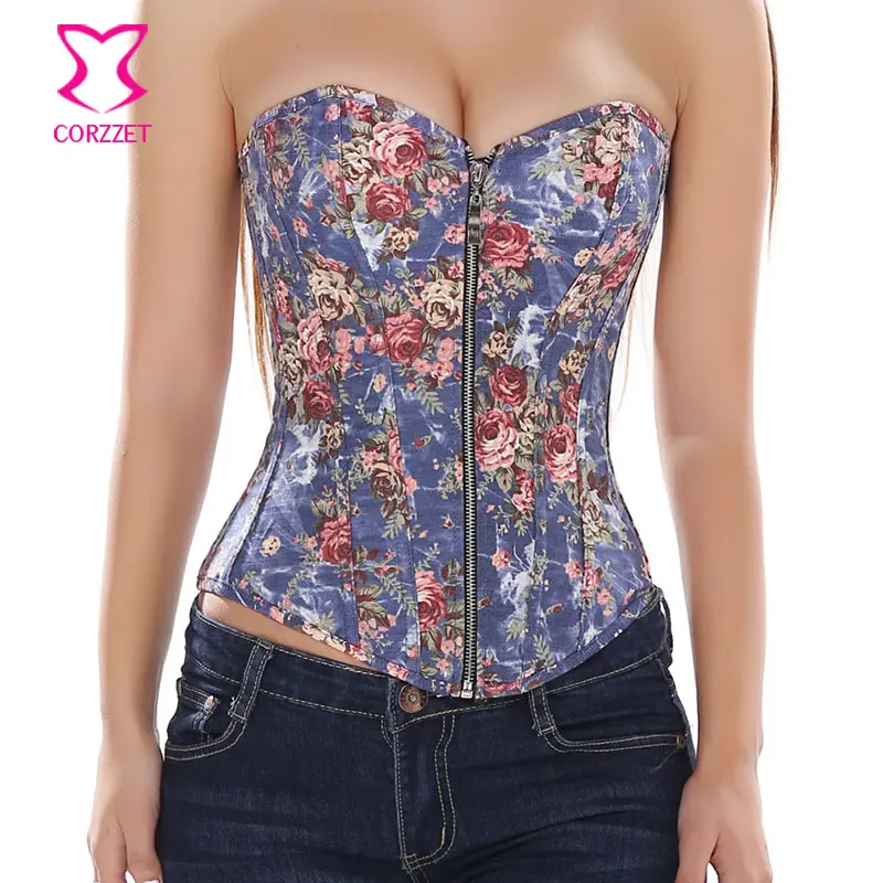 Floral Print Blue Denim Corset Sexy Cowgirl Burlesque Costume Women