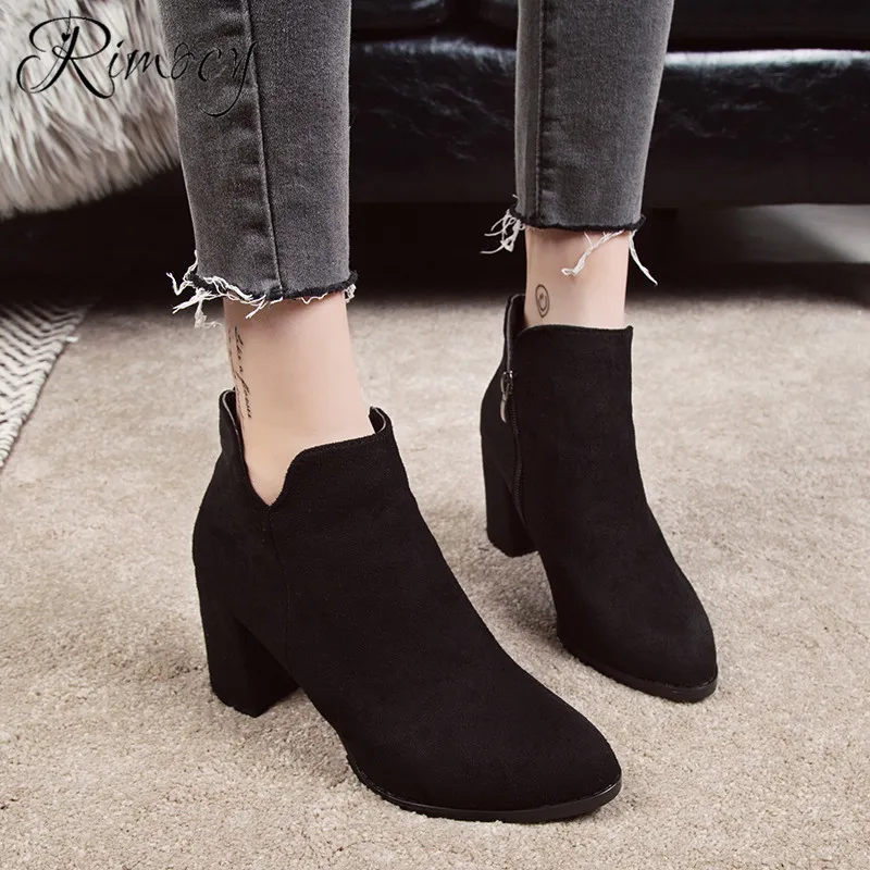 RIMOCY primavera otoño grueso tacón tobillo botas para mujeres nubuck zapatos con cremallera ...