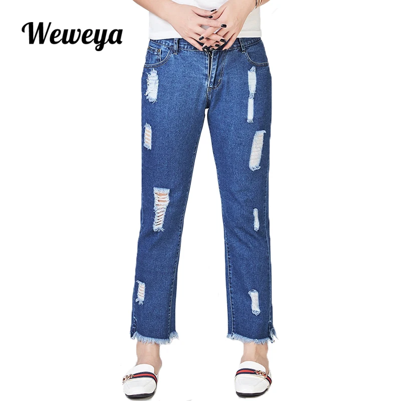 Weweya Plus Size Ripped Jeans Destroyed Boyfriend Jeans For Women Denim ...