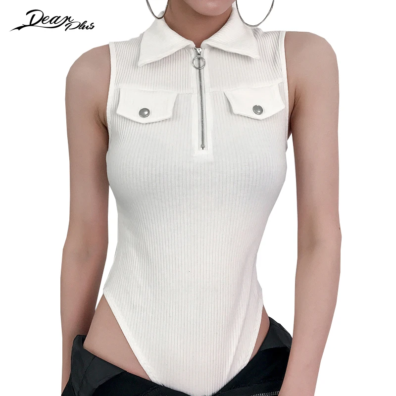 White Turn Down Collar N Neck Rib Knit Casual Bodysuits Women Slim ...