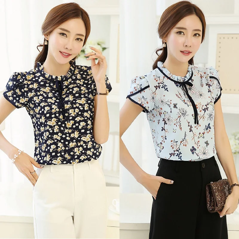2017 Summer Floral Print Chiffon Blouse Ruffled Collar Bow Neck Shirt
