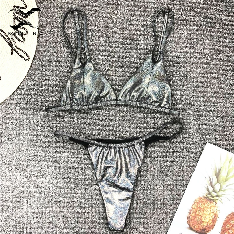 Bikinx Triangle Micro Bikini Push Up Sexy Swimsuit Separate Bathers Shiny String Swimwear Women