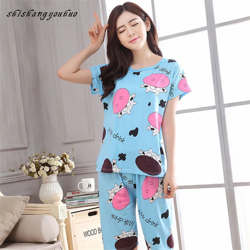 Summer Sleepwear New Women Thin Section Pajamas Round Neck Short Sleeve