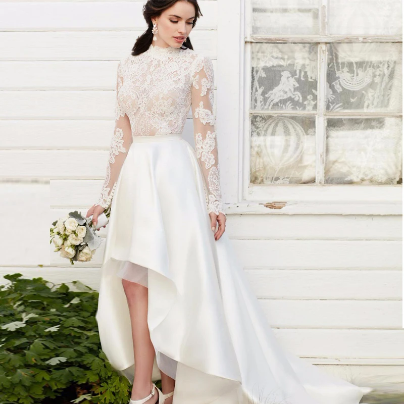 Bohemian High Low Wedding Dress 2017 Lace Long Sleeves Sheer Body Appliques Brush Train Robe De