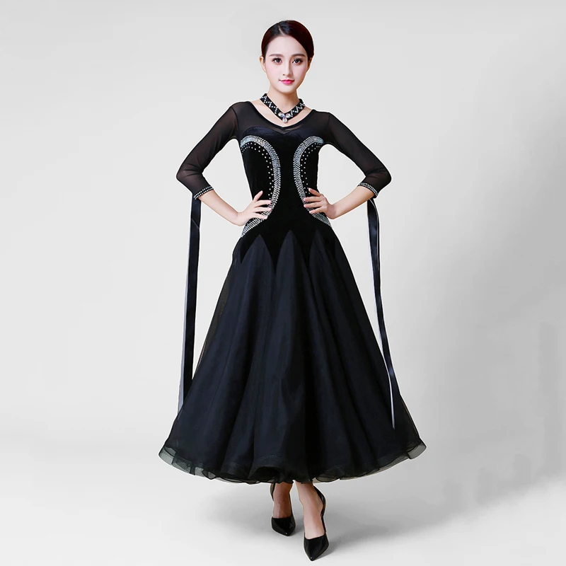 Dança De Salão padrão Vestido Mulheres Preto Elegante Valsa Tango Dança ...
