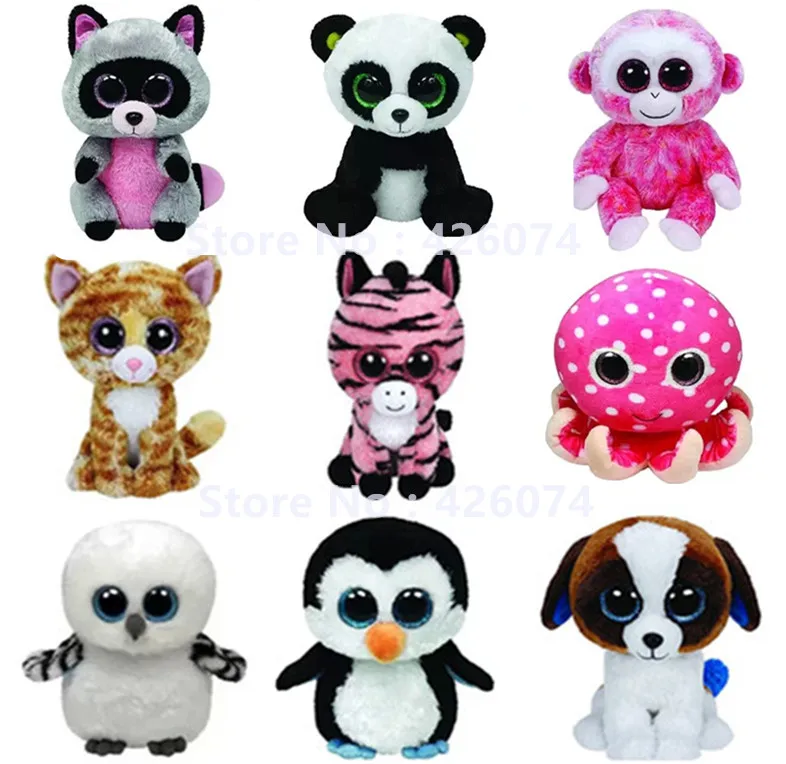 Beanie Big Eyed Stuffed Animals Panda Raccoons Cat Zebra Penguin Dog ...