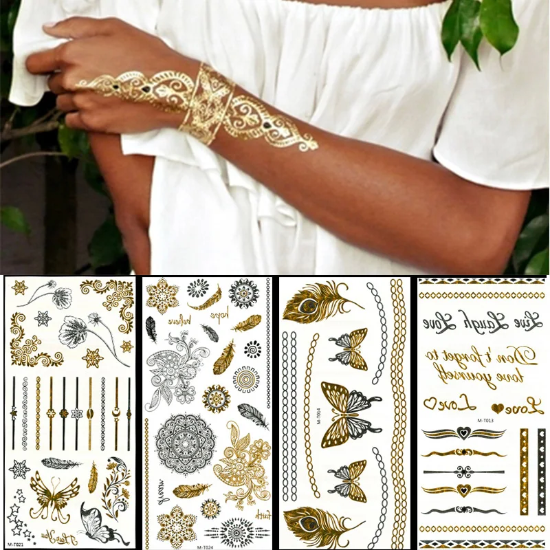 100 Sheet Style Body Art Painting Tattoo Stickers Glitter Metal Gold ...