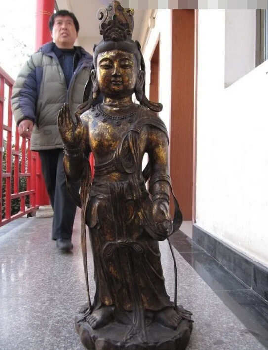 38 INCH China Buddhism Bronze Gild Stand Kwan Yin Bodhisattva Buddha ...