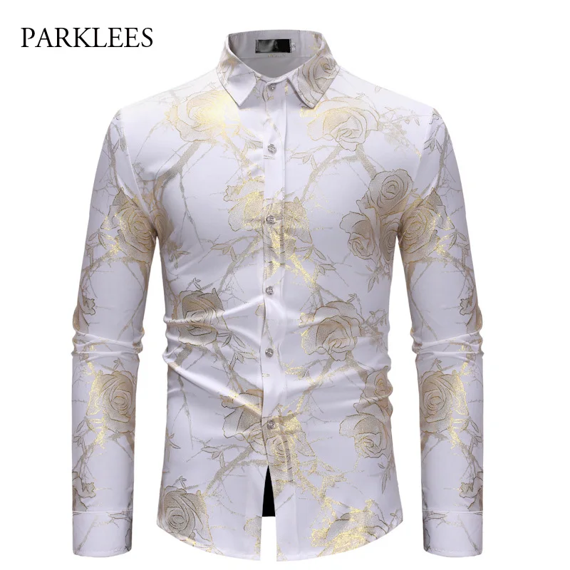 Rose Flower Shirt Men Gold Print Bronzing Camisa Social Masculina 2018 ...
