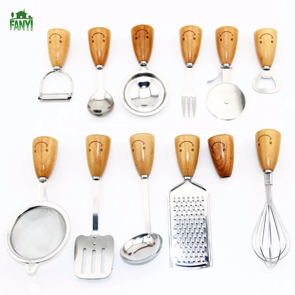 FANYI 12pcs Wooden Handle Smile Kitchen Tools Stainless Steel Kitchen ...