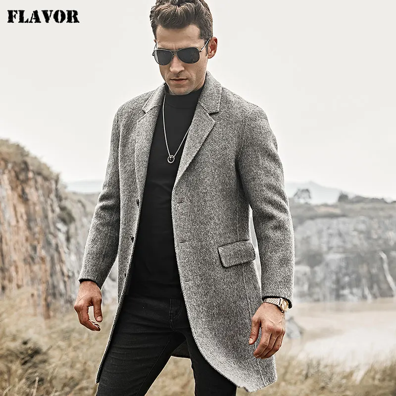 FLAVOR Men's Wool Trench Coat Warm Jacket Long Gray Slim Fit Outwear ...