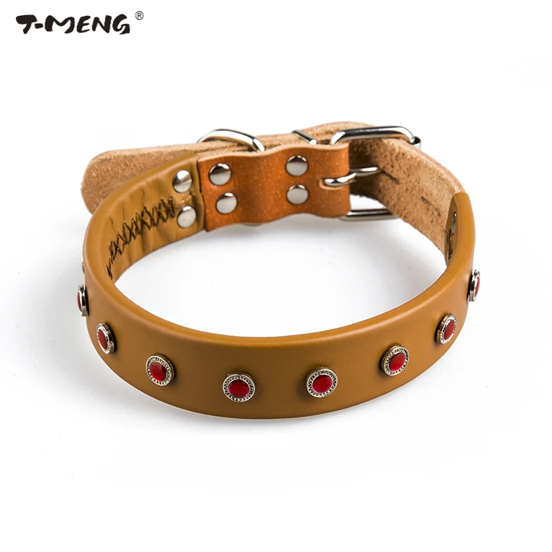 T MENG Pet Dog Collar Genuine Leather Adjustable Size 1 Row Red Rivet ...