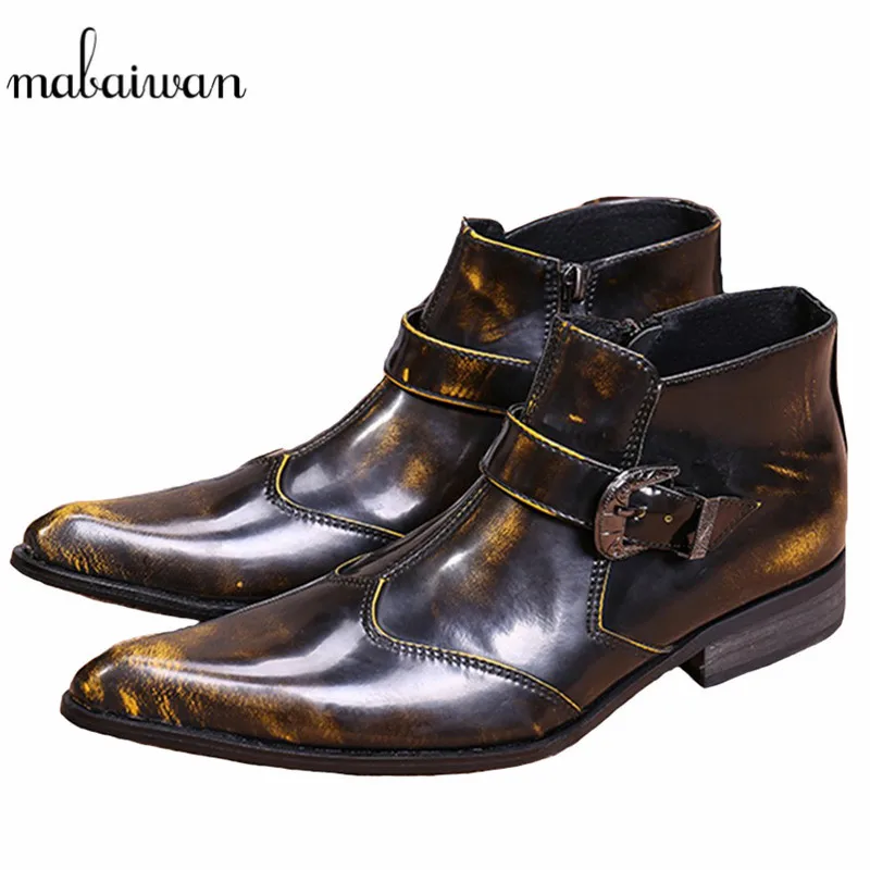 Mabaiwan Fashion Bronze Genuine Leather Men Ankle Boots Pointed Toe ...