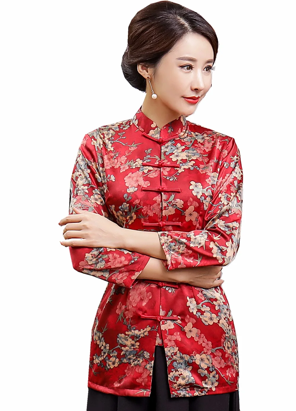 Xangai História Floral Camisa Cheongsam Qipao Top 3/4 Blusa Manga Top ...