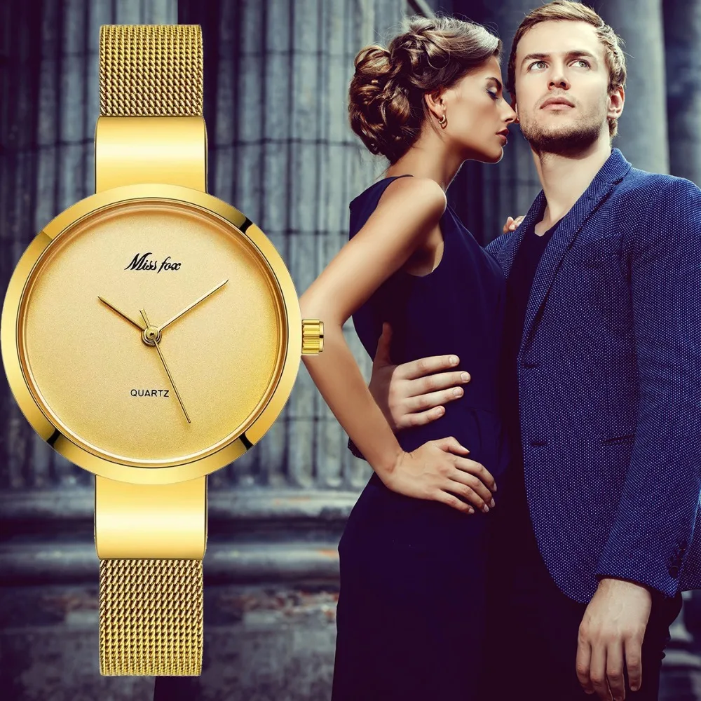 Miss Fox mujer oro moda reloj minimalista malla de acero inoxidable ...