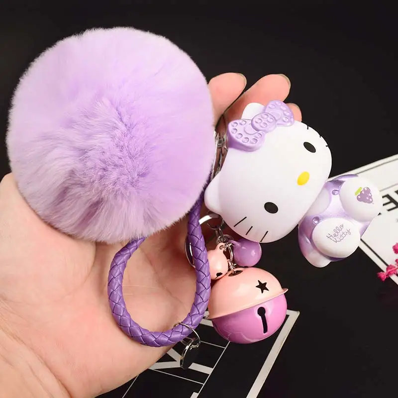 Hello Kitty Pom Pom Cartoon Keychain With Fur Ball & Bell - KawaiiMerch.com