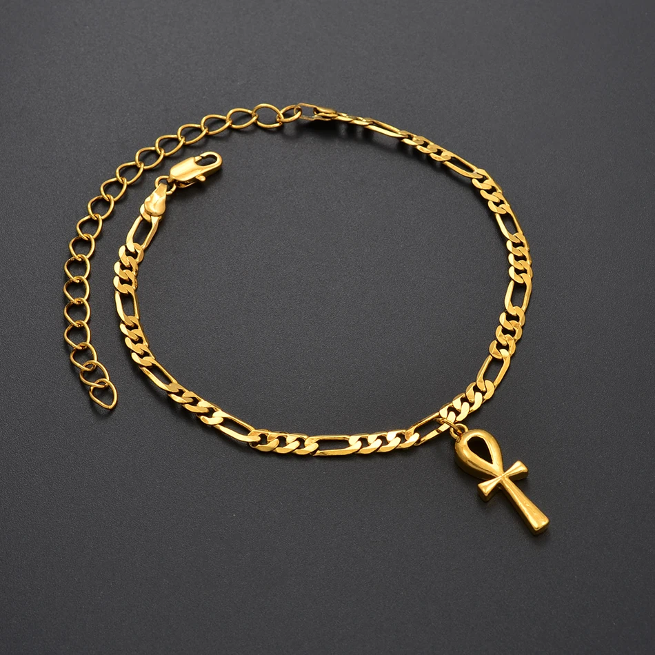 Anniyo Egyptian Ankh Cross Anklet for Woman Gold Color African Charms ...