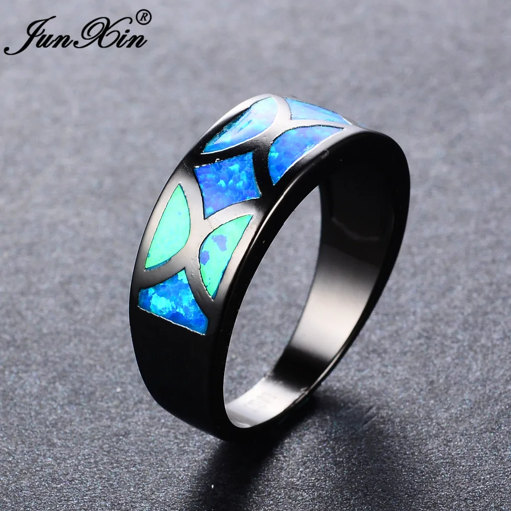 JUNXIN Top Quality Ocean Blue Fire Opal Rings For Female Male Black ...
