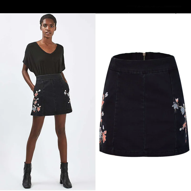 TaFiY Женская Цветочная вышивка мини джинсовая юбка лето Повседневная ...