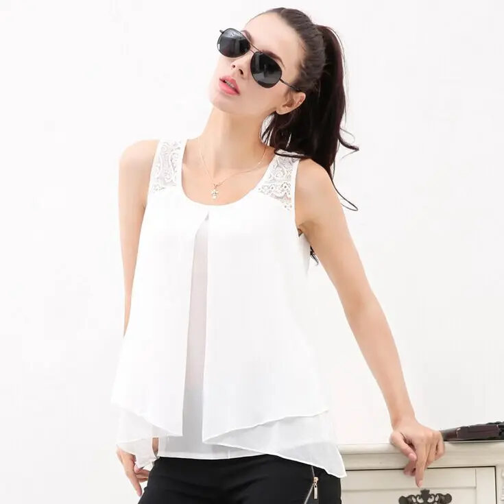 Verão Blusas Feminina Mulheres Blusas Sem Mangas Chiffon Dupla Camada