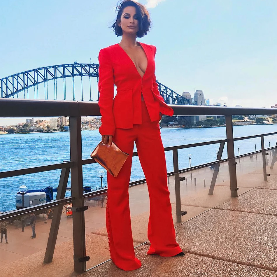 Newest Celebrity Party Jumpsuit Women Red Long Sleeve V Neck 2 Two